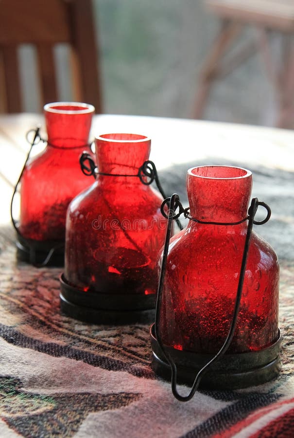 Red Hand Blown Bubble Glass Lanterns. Copy Space. Stock Image - Image ...