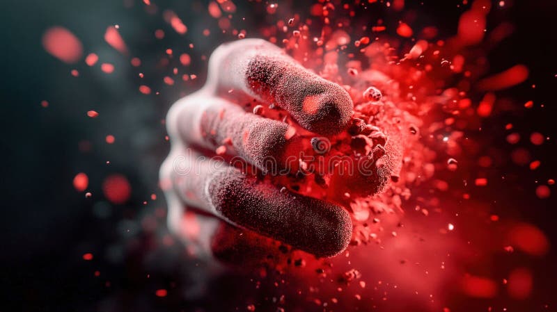 Red Hand Exploding with Energy and Particles Stock Photo - Image of ...