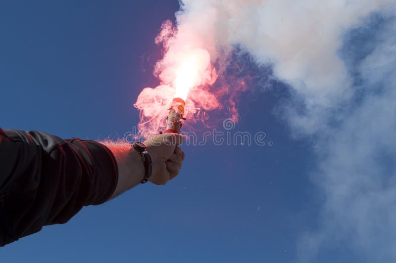 Red Hand Flare, Distress Signal Stock Photo - Image of horizontal ...