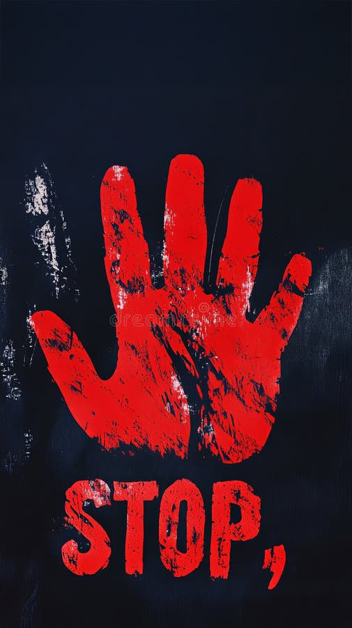 Red Hand Print and Bold Text Conveying a Strong Stop Message on Dark ...
