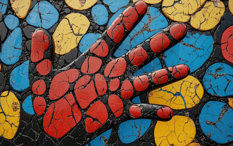 Red Handprint on Colorful Mosaic Background Stock Image - Image of ...