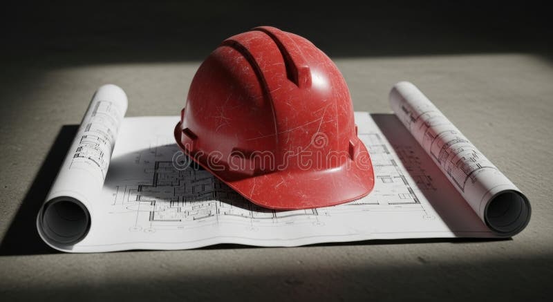 Red Hard Hat and Blueprints on Concrete, Symbolizing Construction and ...