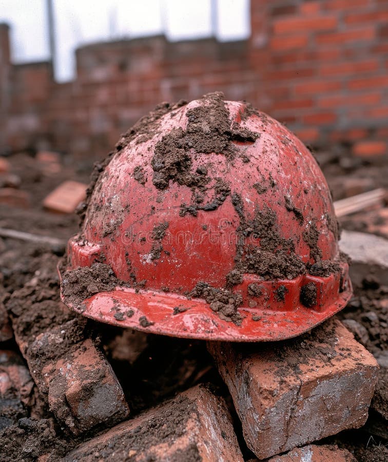 A Red Hard Hat Covered in Mud Sits on a Pile of Bricks at a ...