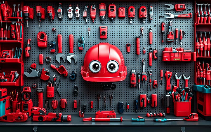 Red Hard Hat with Googly Eyes Amongst Tools on Pegboard Stock ...