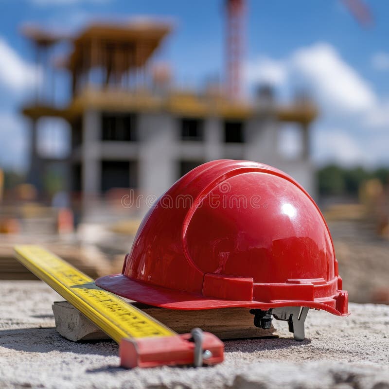 Red Hard Hat and Measuring Tape at Construction Site Stock Illustration ...
