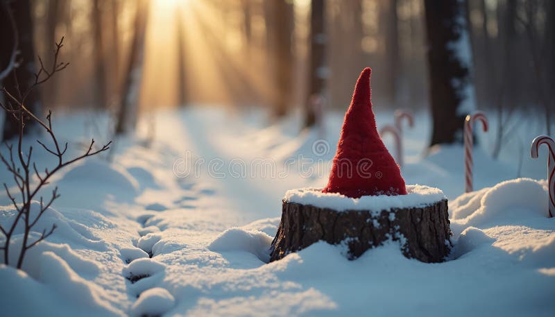 Red Hat on Stump in Snowy Forest with Candy Canes Stock Illustration ...