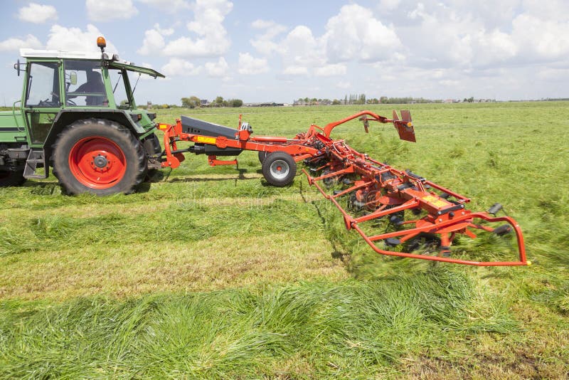 Red Hay Turner in Green Meadow in the Netherlands Stock Photo - Image ...