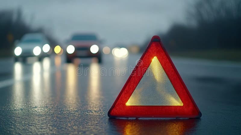 A Red Hazard Triangle on the Asphalt Serves As a Warning of Potential ...