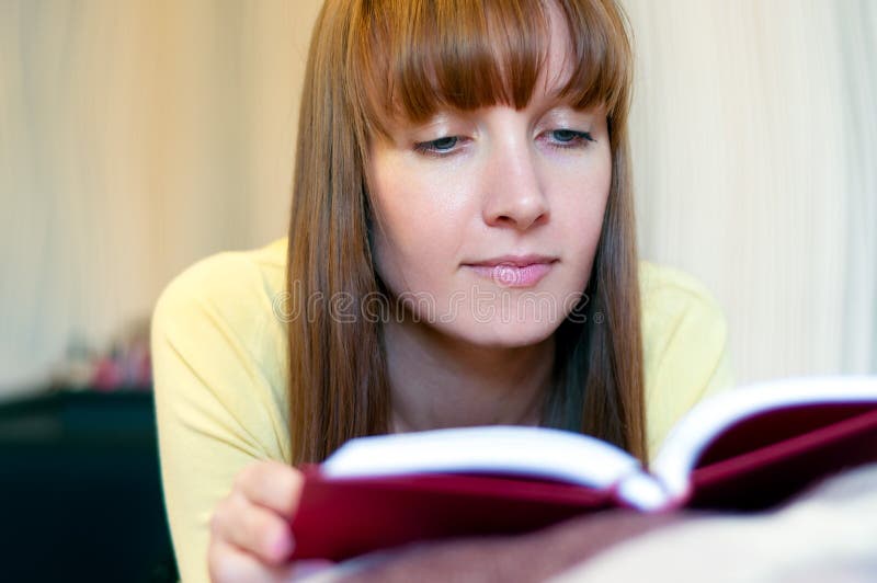 Red Head Woman Reading Book at Home Stock Image - Image of learning ...