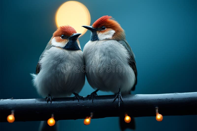 Red Headed Birds Perched in the Moonlight, on a Dark Backdrop Stock ...