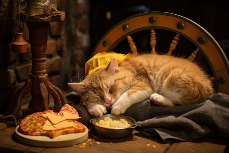 A Red-headed Cat Sleeps Peacefully on a Wooden Table in a Cozy, Rustic ...