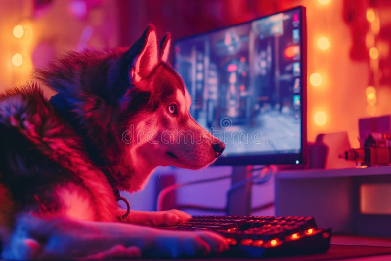 Red-headed Dog Rests on Computer Keyboard with Cityscape Screen. Canine ...