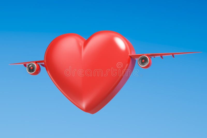 Red Heart with Airplane Wings, 3D Rendering Stock Illustration ...