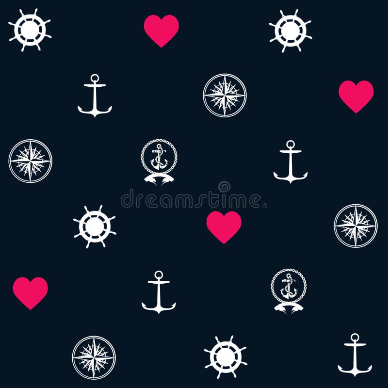 Red Heart, Anchor, Ship Wheel and Marine Compass on Dark Blue Ground ...