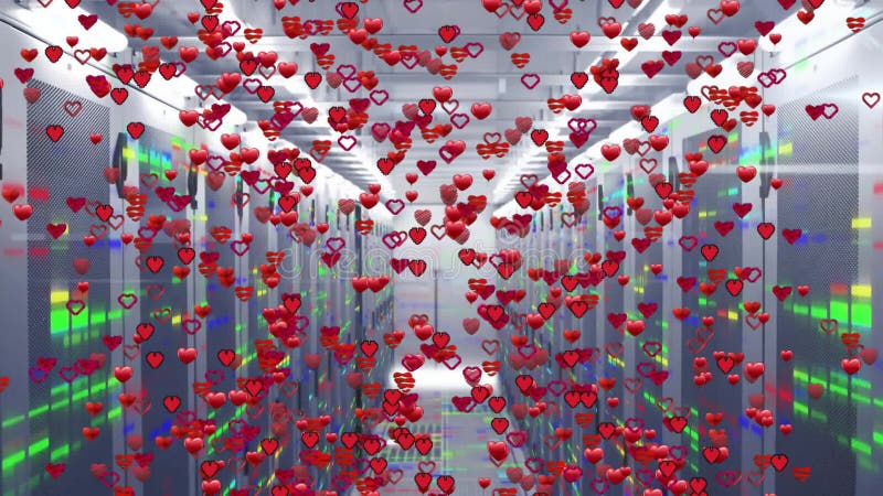 Red Heart Animations Floating Over Rows of Servers in Data Center Stock Footage - Video of ...