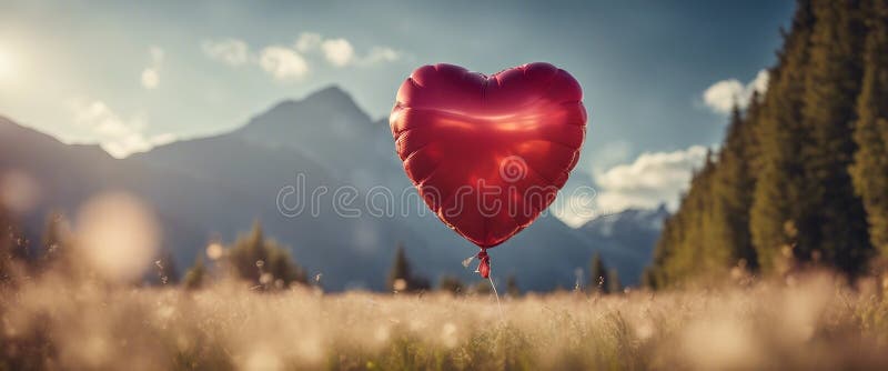 A Red Heart Balloon in a Field of Grass with Trees Stock Illustration ...