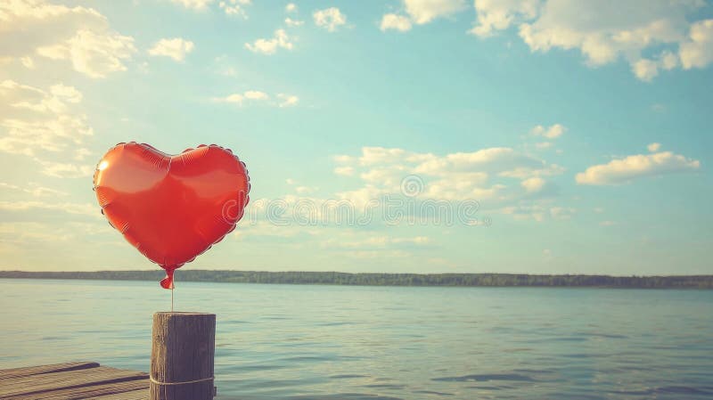 Red Heart Balloon Floating on Calm Water Stock Illustration ...