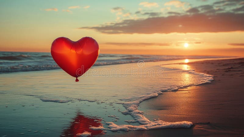 Red Heart Balloon Floating at Sunset Beach Stock Illustration ...