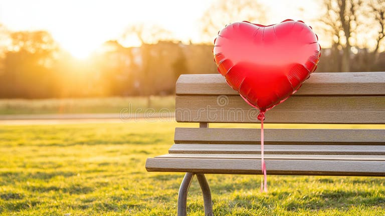 Red Heart Balloon on Park Bench, Sunset, Romance Stock Image - Image of ...
