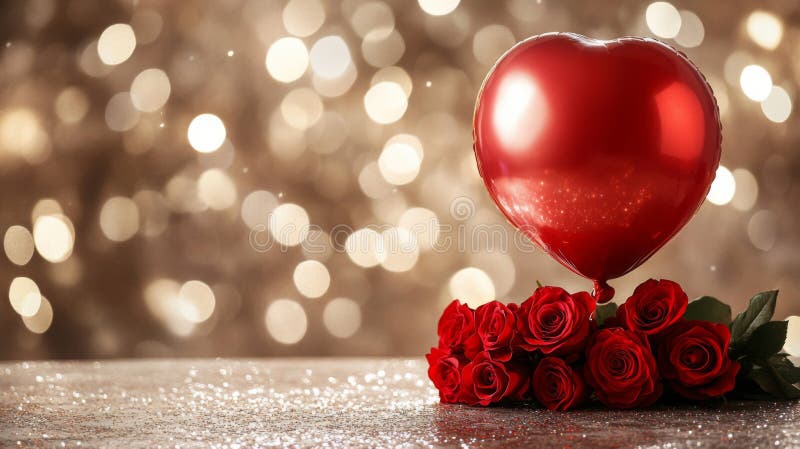 Red Heart Balloon and Roses Romantic Valentines Day Scene Stock ...