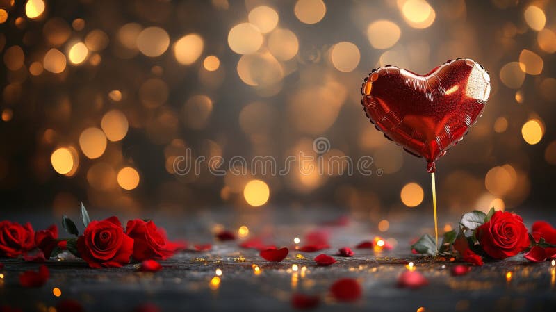 Red Heart Balloon and Roses Romantic Valentines Scene Stock ...