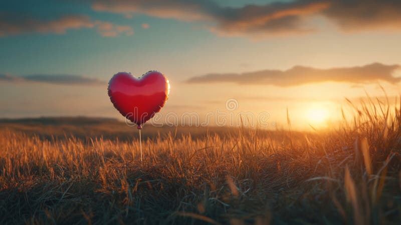 Red Heart Balloon Sunset Field Landscape Stock Illustration ...
