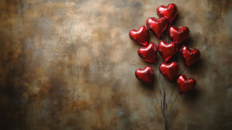 Red Heart Balloons Clustered on a Rustic Brown Background Stock ...