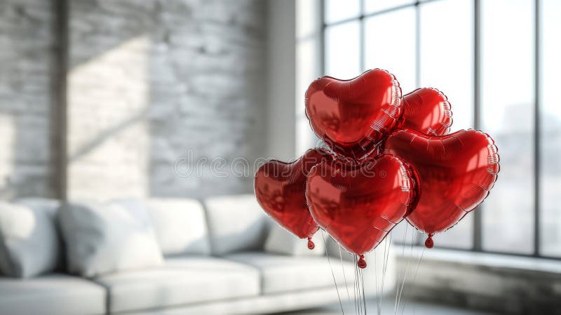 Red Heart Balloons Float in Modern Room Setting Stock Illustration ...