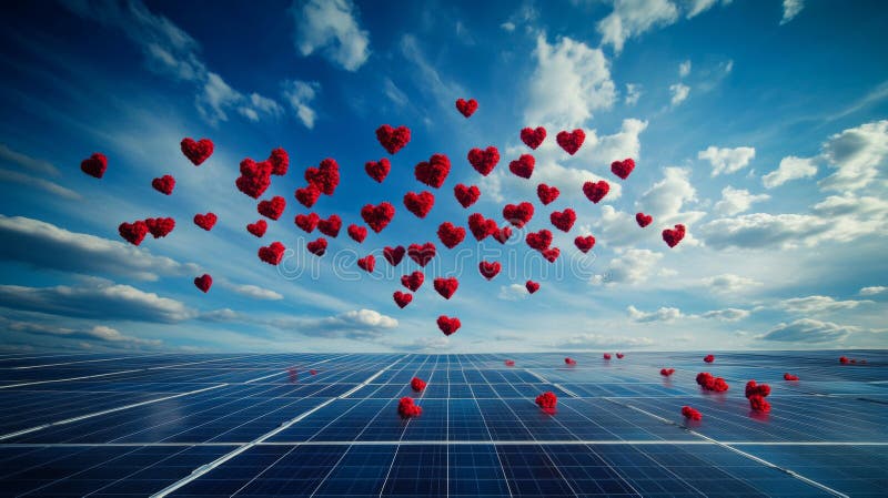 Red Heart Balloons Floating Above Solar Panels Stock Illustration ...