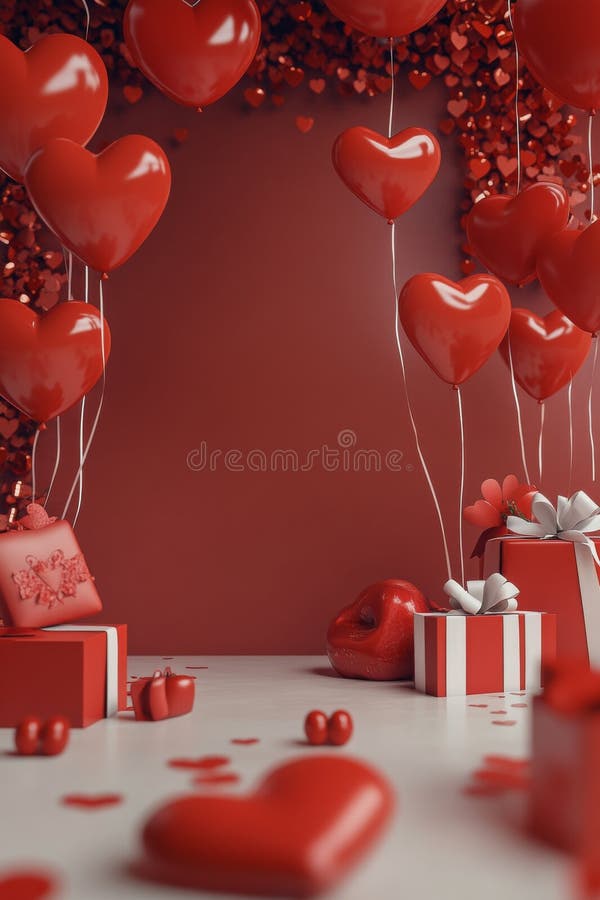 Red Heart Balloons and Gift Boxes Create a Romantic Setting for ...