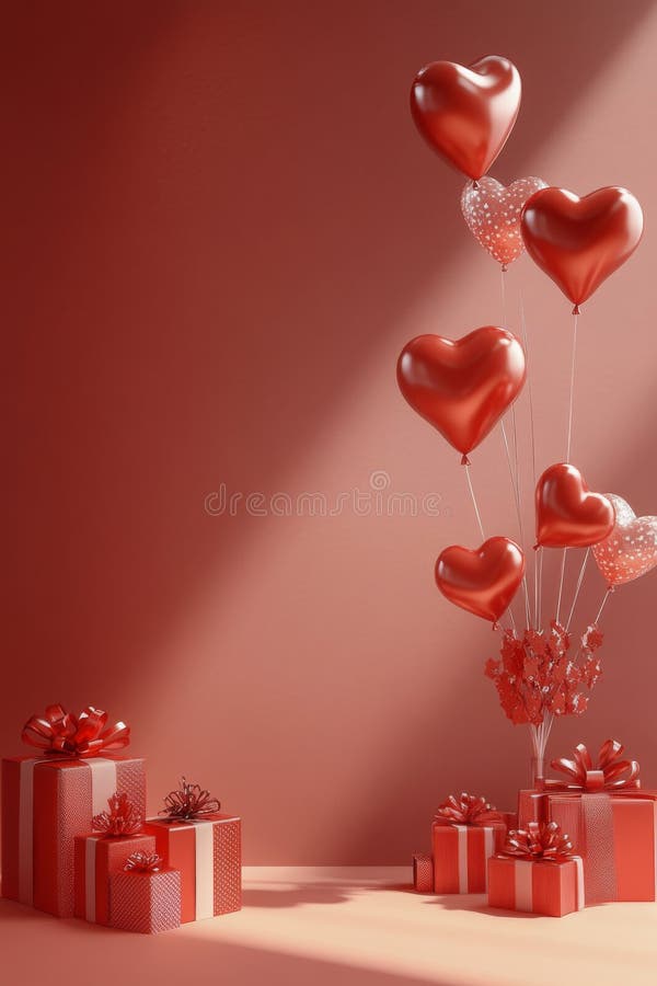 Red Heart Balloons and Gift Boxes Create a Romantic Setting for ...