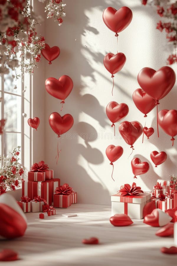 Red Heart Balloons and Gift Boxes Create a Romantic Setting for ...