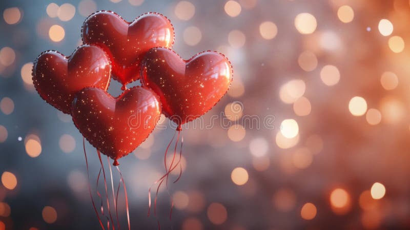 Red Heart Balloons Glowing in Warm Bokeh Lights Stock Illustration ...