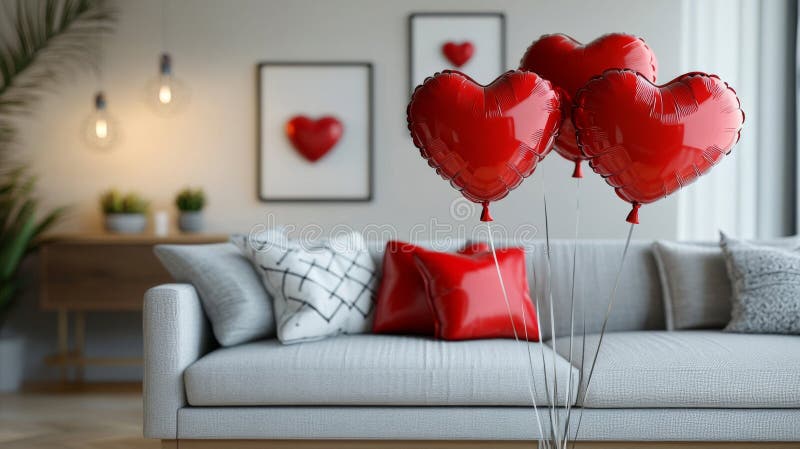 Red Heart Balloons on Grey Sofa in Modern Living Room Stock ...