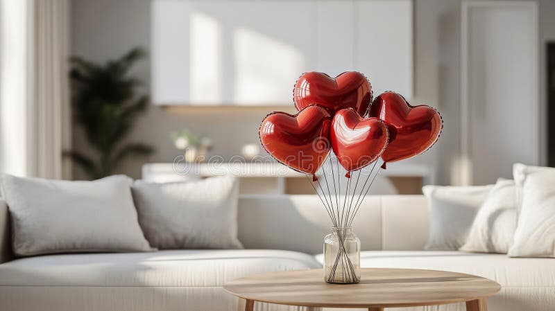 Red Heart Balloons in Modern Living Room Stock Illustration ...