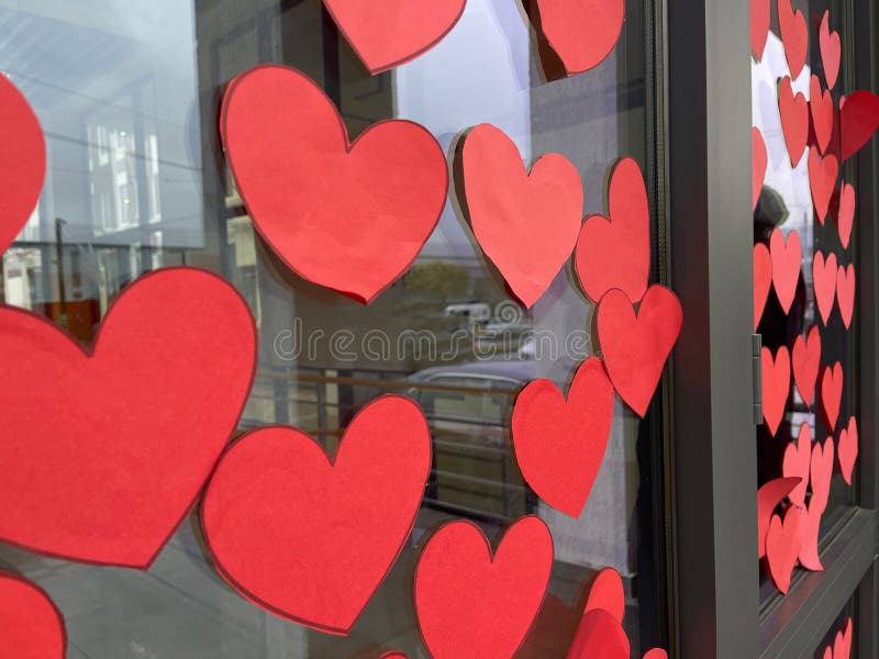 Red Heart Banner Boards on Window Outdoor. Empty Hearts with Copy Space ...