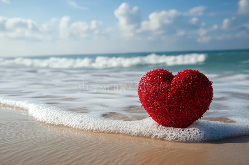Red Heart on Beach with Ocean Waves Stock Illustration - Illustration ...
