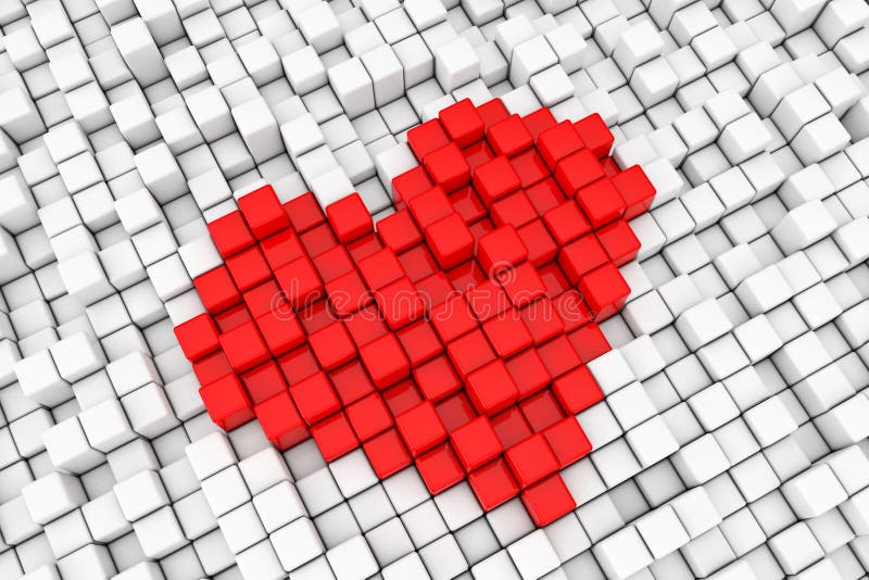 Red Heart Block Cube Pixel Sign. 3d Rendering Stock Illustration ...