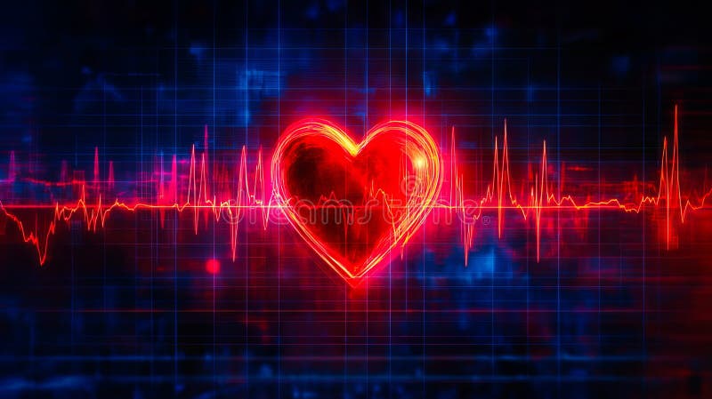 A Red Heart on a Blue Background with a Heartbeat Line Stock Image ...