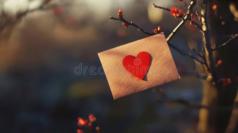Red Heart on Brown Envelope Hanging from Tree Branch Stock Illustration ...