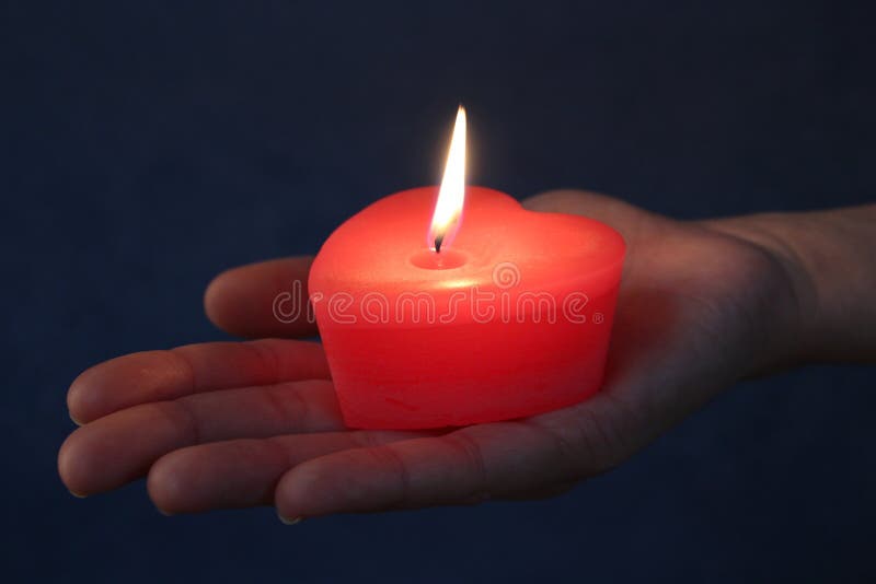 Red Heart Candle in a Hand. Light in the Dark Stock Photo - Image of ...