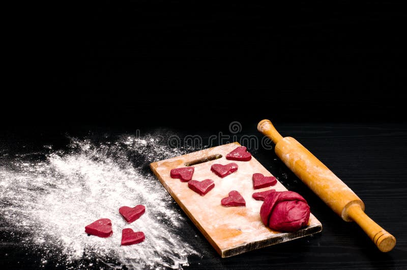 Red Heart Cookies on a Black Table, Baking for Valentine S Day Stock ...