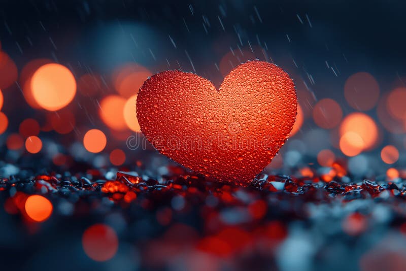 A Red Heart Covered in Water Droplets is Placed on a Reflective Surface ...