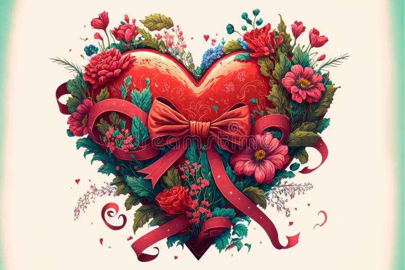 Red Heart Decorated with Flowers and a Bow.Generative AI Stock ...