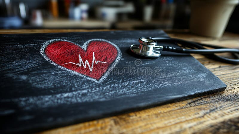 Red Heart Drawing with Stethoscope on a Dark Surface on Wood Table ...