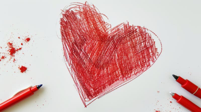 A Red Heart Drawn in Pencil on White Paper Stock Photo - Image of ...