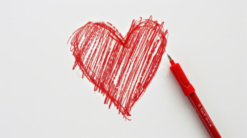 A Red Heart Drawn in Pencil on White Paper Stock Photo - Image of ...