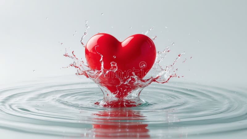 Red Heart Dropping into Water, Creating Ripples and a Beautiful Splash ...