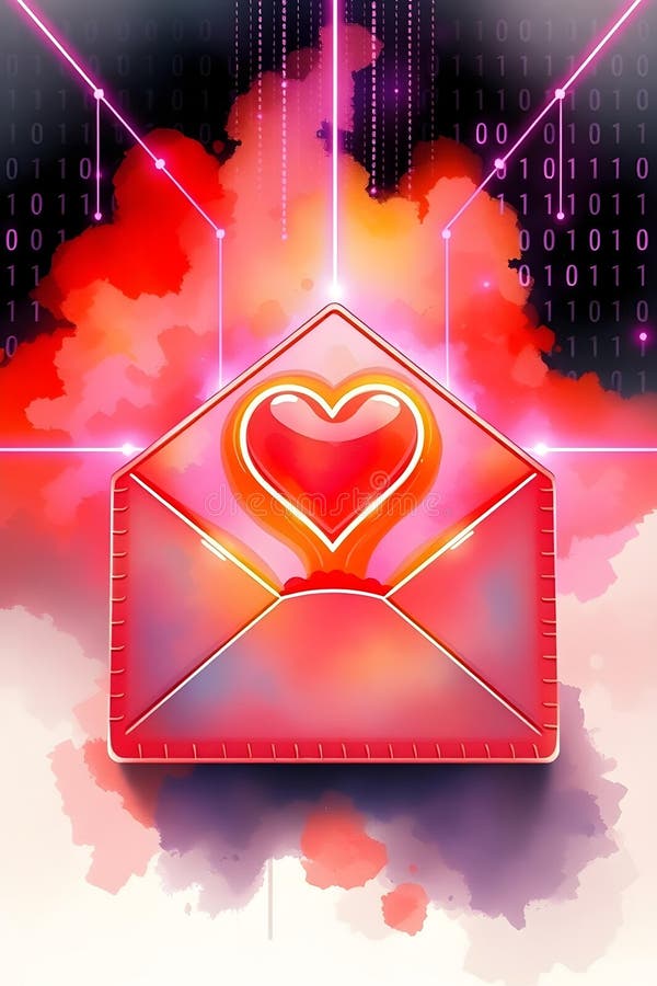 A Red Heart Envelope Glows Amidst Digital Binary Code and Abstract ...