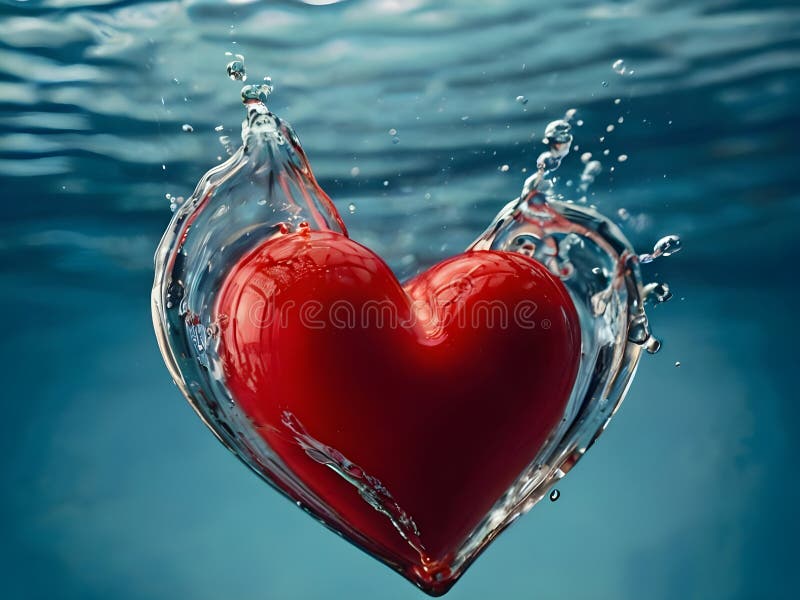 Red Heart Falling Deeply Under Water with a Big Splash Stock ...